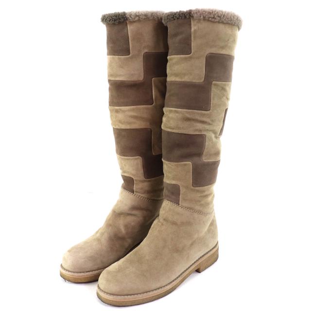 美品△HERMES エルメス ヴィンテージ マルジェラ期 Hモチーフ スウェードレザー ムートン ロングブーツ ベージュ系 約22.5cm相当 伊製