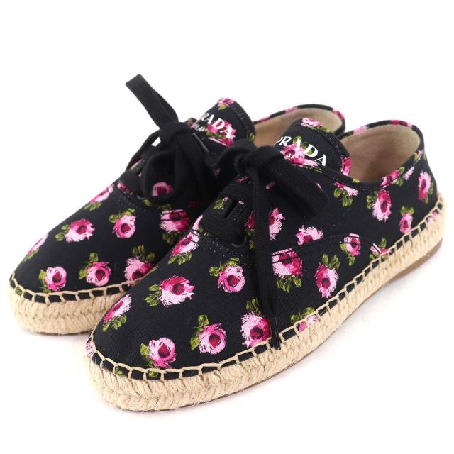 未使用品△PRADA プラダ 1E988L GABARDINE ギャバジン キャンバス 花柄 エスパドリーユ レースアップ スニーカー ブラック ピンク系 36.5
