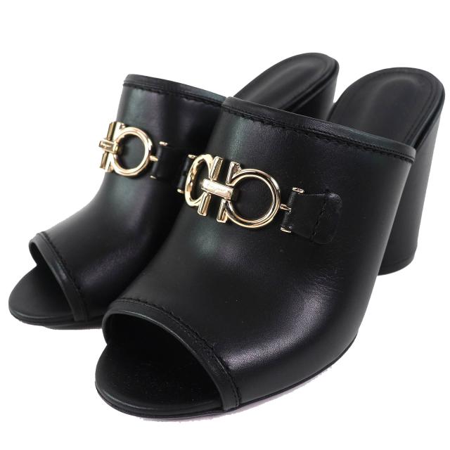 極美品△Salvatore Ferragamo サルヴァトーレフェラガモ ガンチーニ オープントゥ レザーミュール サンダル チャンキーヒール ブラック 6