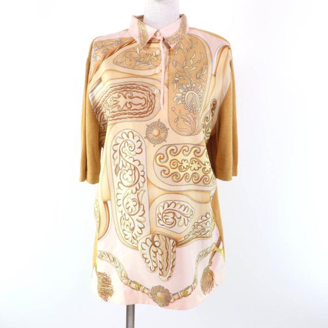 美品★HERMES エルメス ヴィンテージ カシミヤ混 ツイルレーヌ シルク切替 ニット 半袖ポロシャツ ブラウン系 L 伊製 正規品 レディース