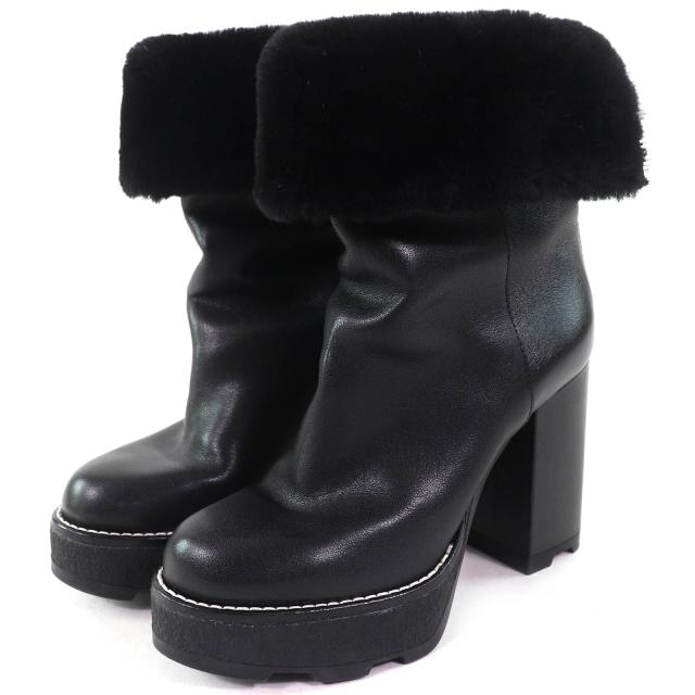 美品△LOUIS VUITTON ルイヴィトン ボブールライン LVロゴ バックジップデザイン ムートン 2WAY アンクルブーツ ショートブーツ 黒 36.5