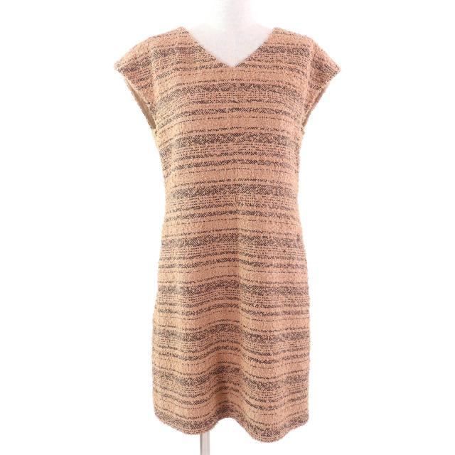 極美品★CHANEL シャネル P57978 裏地シルク100％ ココ金具付 Vネック フレンチスリーブ 膝丈 ツイード ワンピース ブラウン 38 正規品