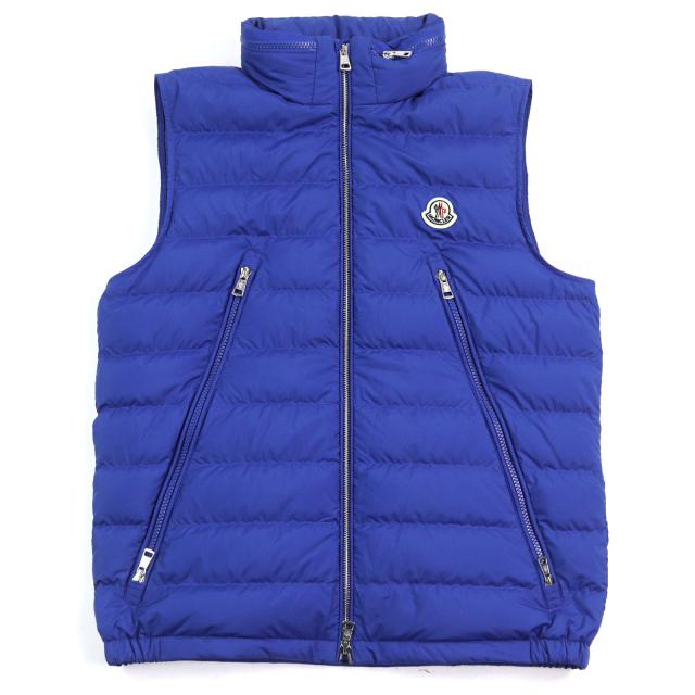 美品○MONCLER モンクレール 年製 ALBYT ロゴワッペン付 スタンドカラー フード入り ダブルジップ ダウンベスト ブルー 1 正規品 メンズ