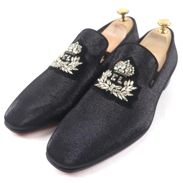 極美品▼Christian Louboutin クリスチャンルブタン ダンデライオン ラインストーン ローファー スリッポン ブラック 42.5 袋付き メンズ