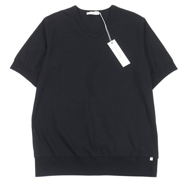 未使用品○ANTICIPO アンティーチポ INZOLIA インツォリア ロゴタグ付き スムースコットン Vネック リブ切替 半袖Ｔシャツ 黒 44 正規品