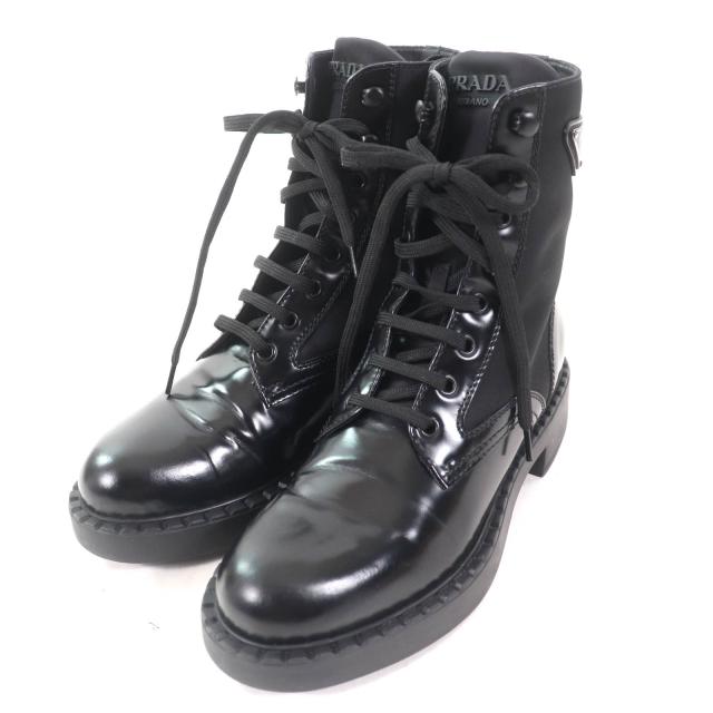 美品★PRADA プラダ 1T782M Re Nylonトライアングルロゴ ブラッシュドレザー ブーツ ブラック 37 箱・保存袋付き イタリア製 レディース