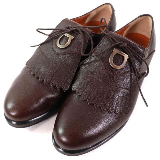 極美品△Salvatore Ferragamo サルヴァトーレフェラガモ ガンチーニ ロゴ金具 レザーシューズ ダークブラウン 8 イタリア製 メンズ