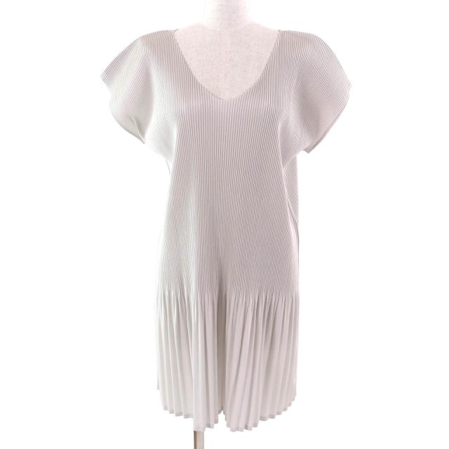 極美品★PLEATS PLEASE プリーツプリーズ イッセイミヤケ PP31-FT275 切替デザイン プリーツ 半袖 ワンピース チュニック ライトグレー 3
