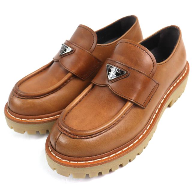 極美品△PRADA プラダ 1D801N トライアングルロゴ 三角プレート オックスフォード レザー ローファー ブラウン 37.5 箱・保存袋付き 伊製