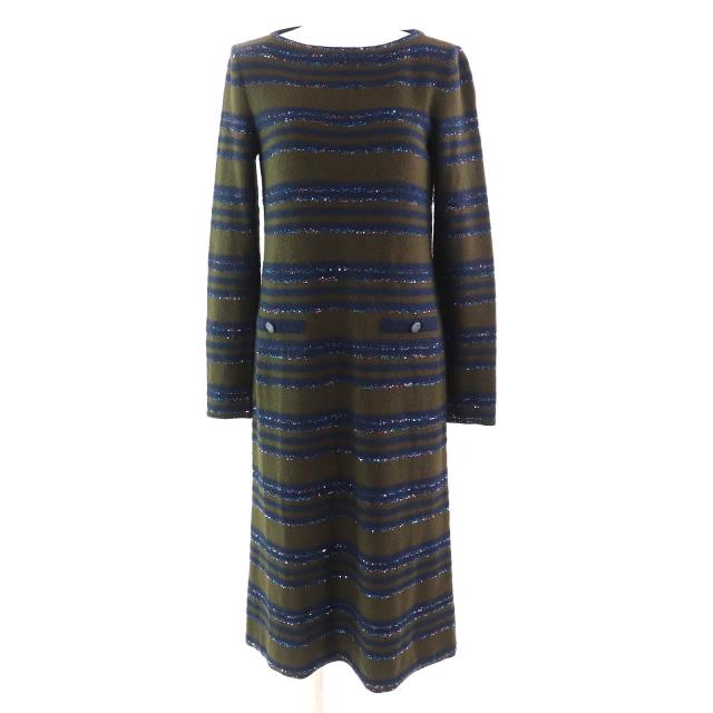 美品△CHANEL シャネル P62936 カシミヤ ココボタン スパンコール ボーダー柄 長袖 ニット ワンピース カーキ ネイビー 38 イタリア製