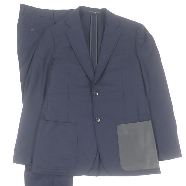 極美品□HERMES エルメス 21AW ウール ラムレザーポケット シングルスーツ セットアップ ネイビー 48 ハンガー付き イタリア製 正規品