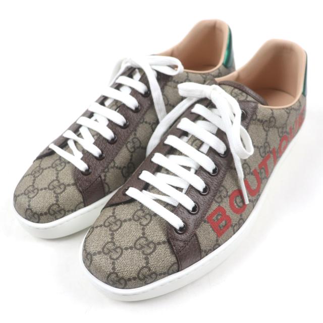 未使用品▼GUCCI グッチ 623236 ACE エース レザー使い GGスプリーム BOUTIQUE ローカットスニーカー ブラウン 8 箱・保存袋付き メンズ