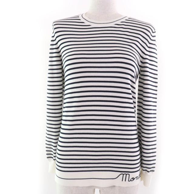 極美品☆MONCLER モンクレール 2021年製 コットン100％ ロゴ入り ボーダー柄 長袖 ニット アイボリー ブラック XS 正規品 レディース