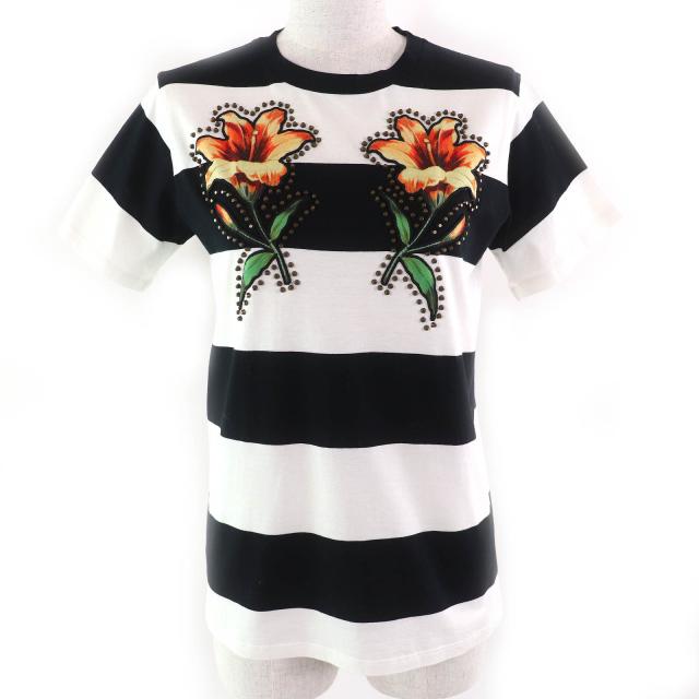 極美品△GUCCI グッチ 422730 Mare Gothicum フラワー スタッズ ボーダー柄 クルーネック 半袖Ｔシャツ ブラック ホワイト M 伊製 正規品