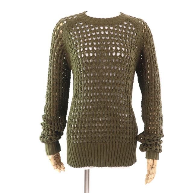 美品★DRIES VAN NOTEN ドリスヴァンノッテン コットン混 鍵編み クルーネック 長袖 ニット トップス カーキ S 正規品 レディース
