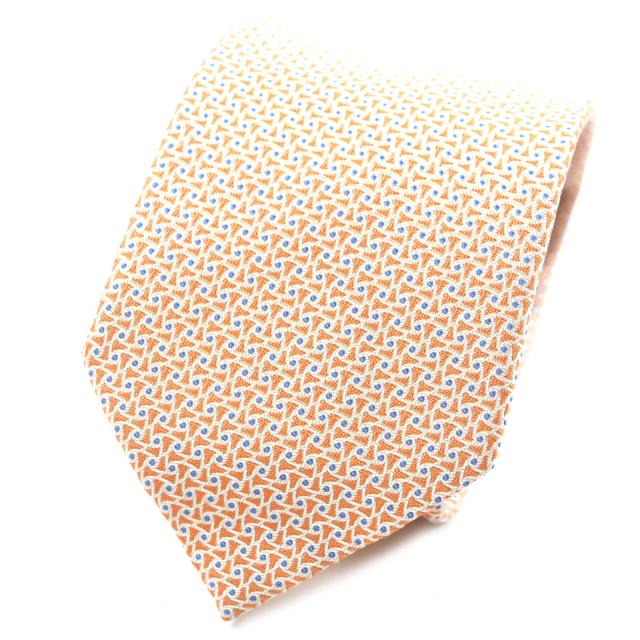 極美品▼HERMES エルメス 659082T シルク100% 総柄 ネクタイ オレンジ ブルー 箱付き フランス製 メンズ ビジネスオスス◎