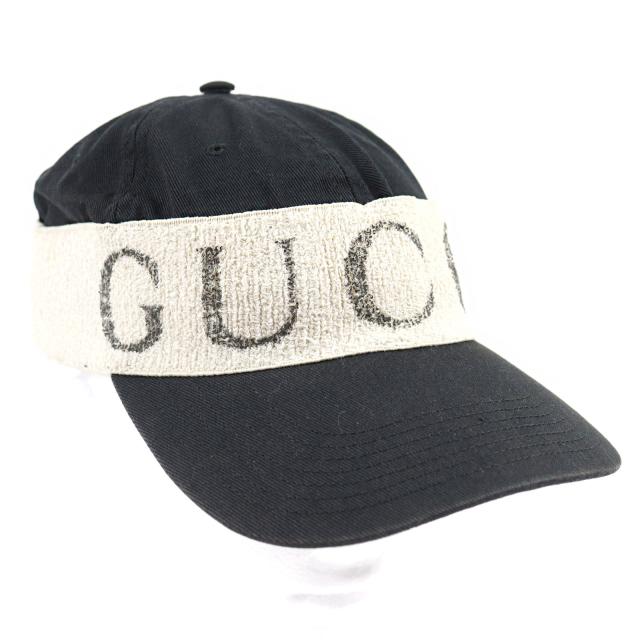美品○GUCCI グッチ 492545 ロゴプリント ヘアバンド付き 帽子 ベースボールキャップ ブラック アイボリー L 59 伊製 正規品 メンズ