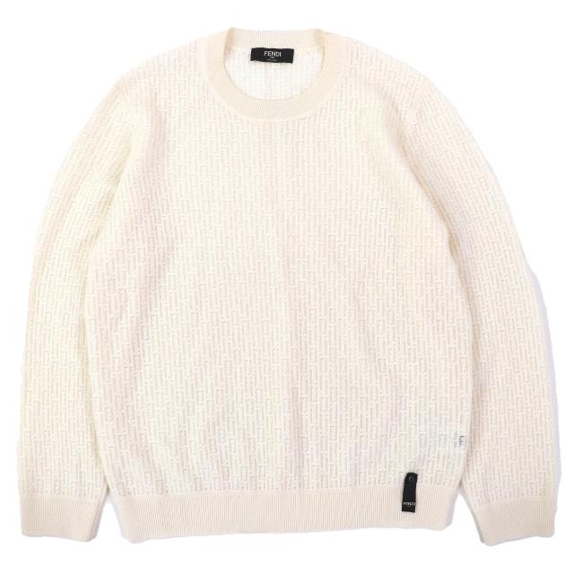 美品△FENDI フェンディ 2023年製 FZX091 AQL3 ウール ズッカ透かし編み クルーネック 長袖 ニット セーター アイボリー 54 伊製 正規品