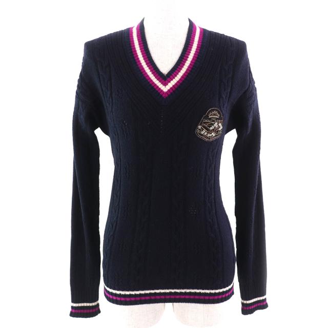 美品△CHANEL シャネル P44160K04587 カシミヤ ロゴエンブレム Vネック 長袖 ニット セーター ネイビー パープル ホワイト 36 正規品