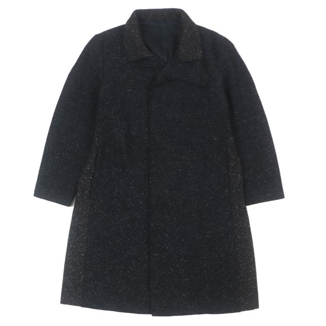 極美品▼イッセイミヤケ メン シルク ウール 切替デザイン 2枚襟 比翼仕立て ツイード ステンカラーコート ブラック 3 正規品 メンズ