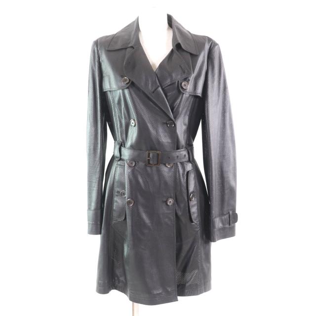 良品★HUGO BOSS ヒューゴボス ベルト付 パンチング ラムレザー トレンチコート アウター ダークブラウン 42 正規品 レディース