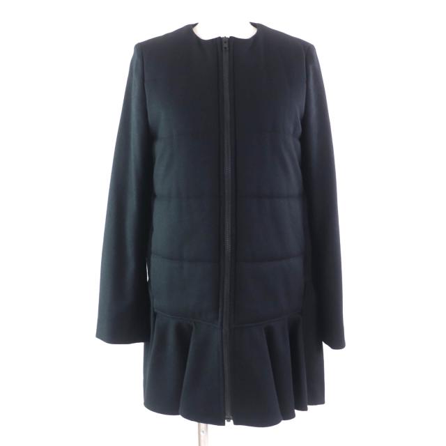 美品★YOKO CHAN ヨーコチャン YCC-319-102 ウール100％ フリルデザイン 中綿入り ノーカラー コート ブラック 38 日本製 正規品