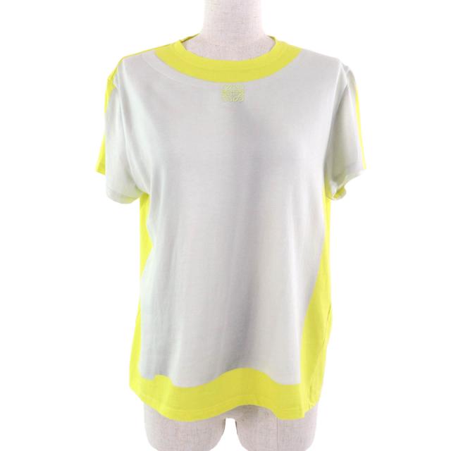 美品★LOEWE ロエベ S359Y22X39 コットン100％ アナグラム刺繍入り クルーネック 半袖Ｔシャツ ライトグレー イエロー S 正規品