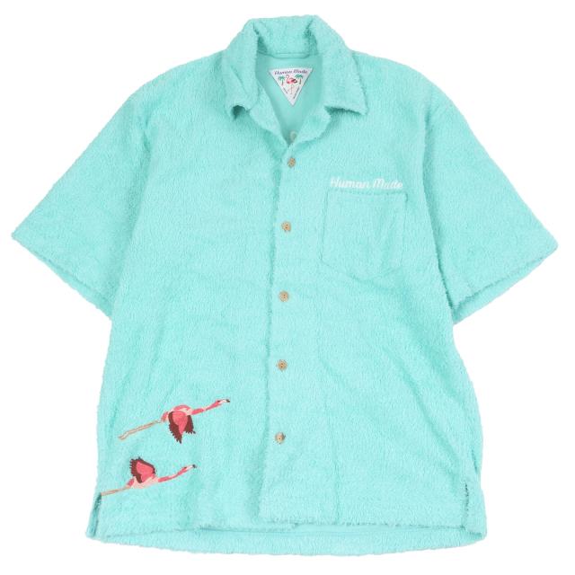 極美品□HUMAN MADE ヒューマンメイド Pile Shirt フラミンゴ エンブロイダリー 刺繍 半袖 パイルシャツ ライトブルー S 正規品 メンズ