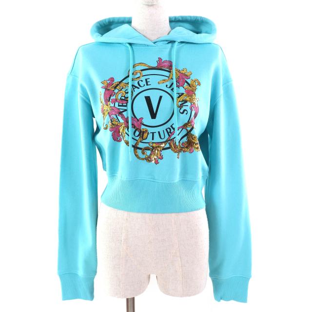 未使用品△VERSACE JEANS COUTURE ヴェルサーチェ ジーンズ クチュール 78HAIC01 ロゴ スパンコール装飾 クロップド パーカー S ブルー