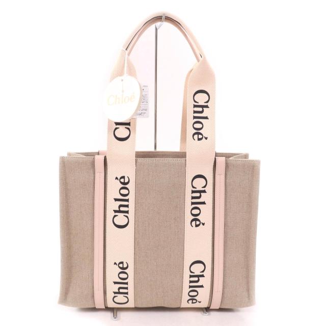 未使用品★Chloe クロエ CHC22AS383I266J5 Woody リネン Cement Pink ロゴデザイン レザー使い トートバッグ 保存袋付き イタリア製