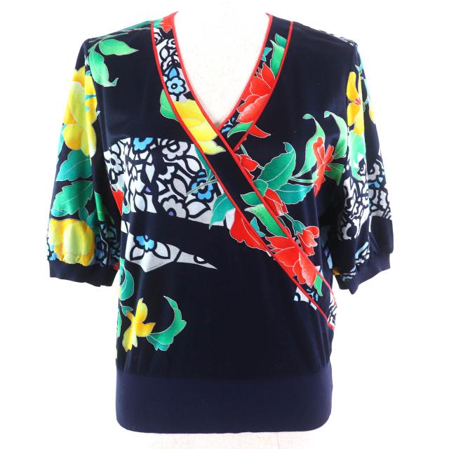 美品△LEONARD FASHION レオナール ファッション コットン100％ 花柄 カシュクールデザイン Vネック 半袖 トップス カットソー M