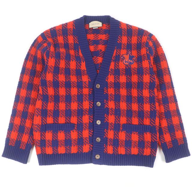 極美品□GUCCI グッチ 23SS 711571 ウール100％ル チェック柄 ロングスリーブ ニットカーディガン オレンジ ブルー L イタリア製 正規品