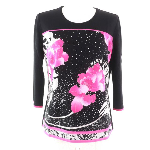極美品★LEONARD FASHION レオナール ファッション 0137222 花柄プリント 七分袖 クルーネック カットソー ブラック ピンク 38 正規品