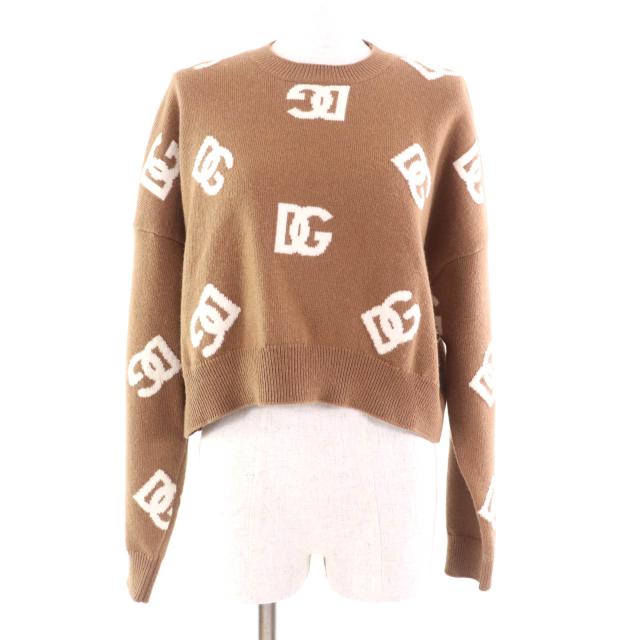 美品★DOLCE&GABBANA ドルチェ＆ガッバーナ 23AW FXM23T ウール100％ DCロゴ クロップド丈 クルーネック 長袖 ニット ブラウン 36 正規品