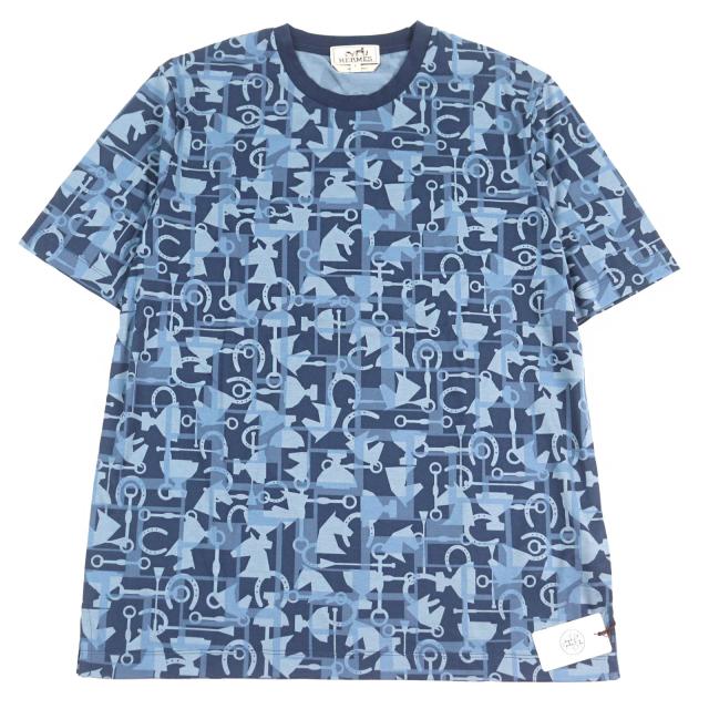 未使用品○HERMES エルメス ホース総柄 ロデオチャーム ホースビット 馬具 クルーネック 半袖Ｔシャツ ブルー系 S 箱付き 正規品 メンズ