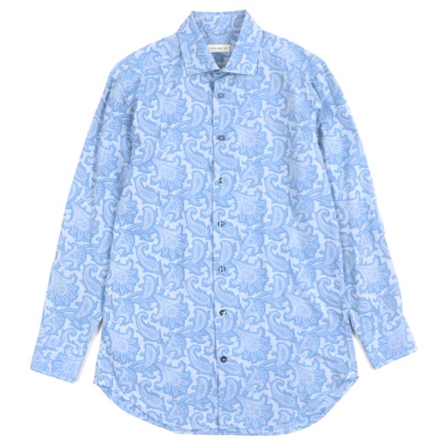 美品▼ETRO エトロ 19SS コットン ペイズリー柄 ロゴ入りボタン ロングスリーブ 長袖シャツ ブルー 39 イタリア製 正規品 メンズ