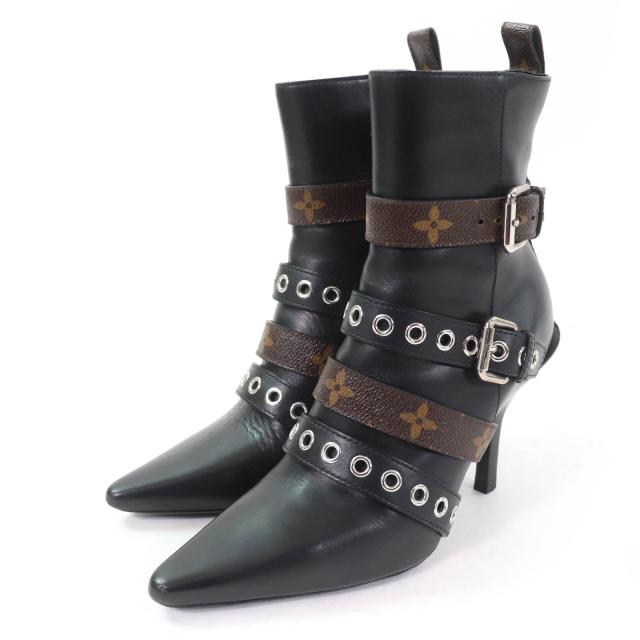 美品☆LOUIS VUITTON ルイヴィトン モノグラム ベルトデザイン レザー アンクルブーツ ブラック 36 保存袋付き イタリア製 レディース