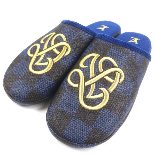 未使用品▼ルイヴィトン 1ACN6H LV パレス・ライン・ミュール グレインカーフレザー ダミエ ロゴ刺繍 スリッパ サンダル 9 箱・保存袋付