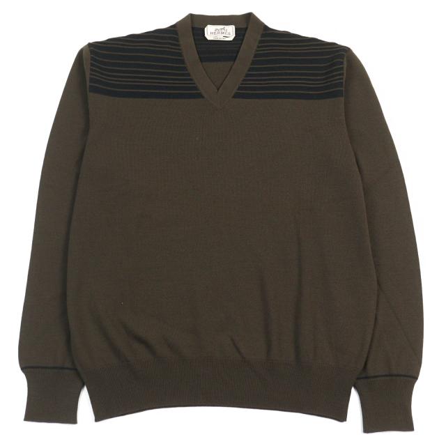美品○HERMES エルメス ウール100% Vネック バイカラー ショルダーボーダー柄 ニット カーキグリーン系 XL イタリア製 正規品 メンズ