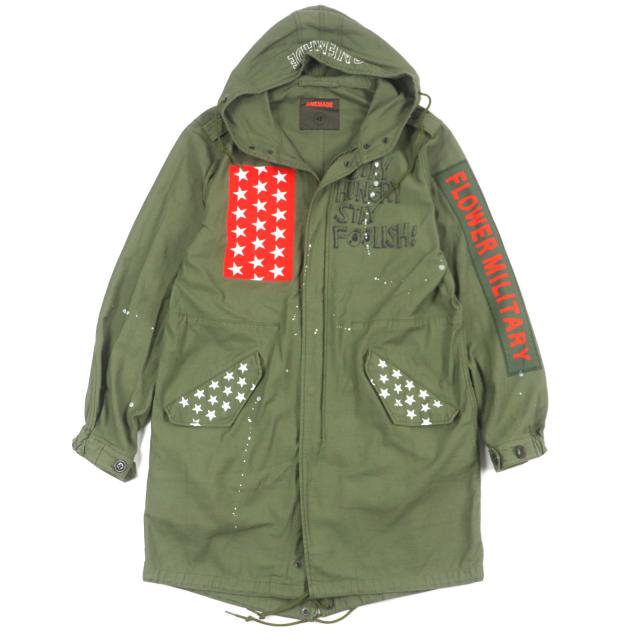 美品▼ONE MADE ワンメイド カートコバーン ハンドメイド フード付き ジップアップ モッズコート ヴィンテージカーキ L 正規品 メンズ