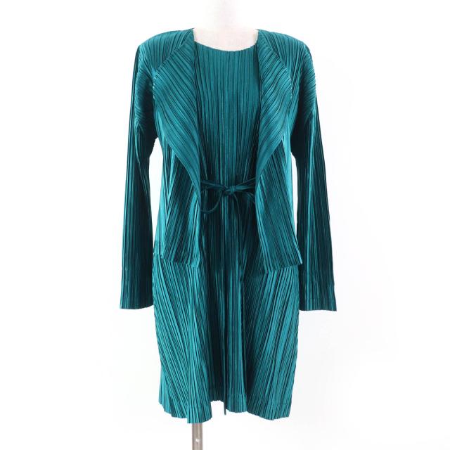 美品☆PLEATS PLEASE プリーツプリーズ イッセイミヤケ ジャケット ノースリーブワンピース アンサンブル グリーン 3・2 正規品