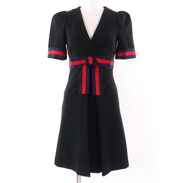 極美品☆GUCCI グッチ 501488 Jersey V-neck Dress インターロッキングGパール付 ワンピース ブラック XS イタリア製 正規品 レディース