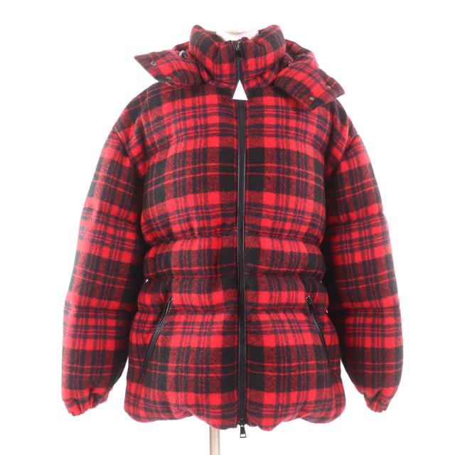 極美品★MONCLER モンクレール DANUBE ウール100％ フード付 チェック柄 ZIP UP ダウンジャケット レッド ブラック 3 正規品 レディース