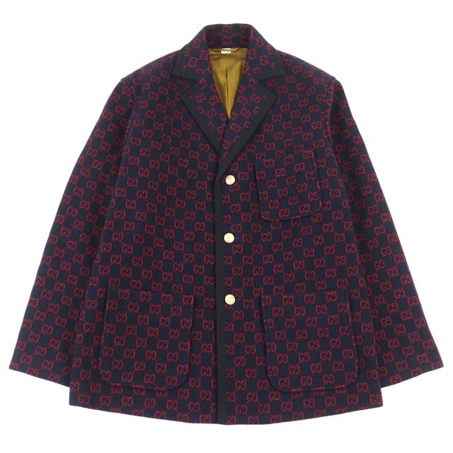 極美品○GUCCI グッチ 597911 GGジャガード 金ボタン パイピングデザイン ハーフコート ネイビー レッド 44 イタリア製 正規品 メンズ