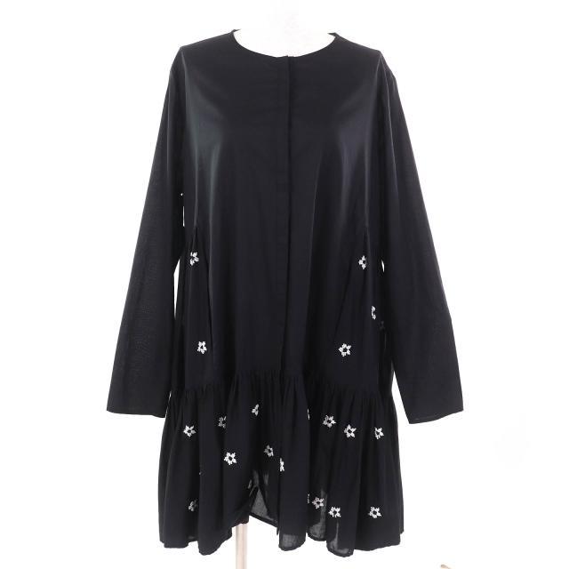 極美△Merlette マーレット 23SS 3710300474 コットン100％ フラワービーズ クルーネック 長袖 ワンピース ブラック M 正規品 レディース