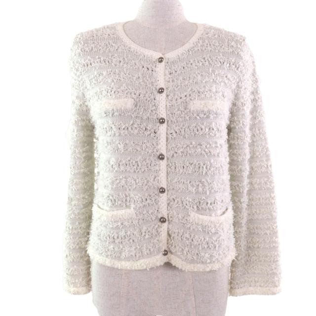 極美品★FOXEY フォクシー 35348 リボンツイード クルーネック 長袖 カーディガン トップス ホワイト 38 日本製 正規品 レディース
