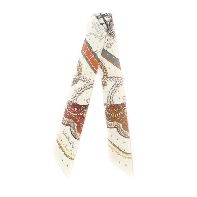 未使用品★HERMES エルメス GRAND APPARAT 盛装の馬 シルク100％ CREME/CUIR/DORE シルバー金具 ツイリー スタッズ付 スカーフ 箱付 仏製