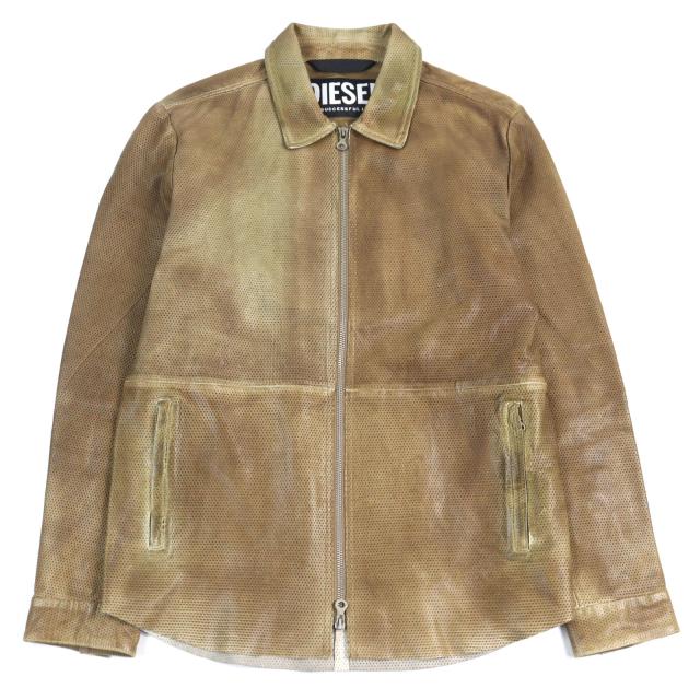 美品○DIESEL ディーゼル 23SS A08807 L-CLIME シープスキン ロゴジップ フェード加工 パンチング レザージャケット 48 正規品 メンズ