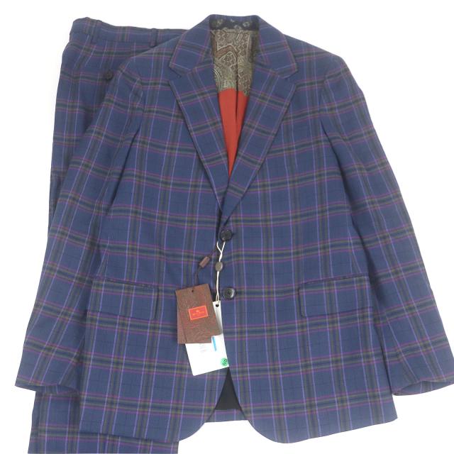 未使用品□ETRO エトロ リネン混 裏シルク チェック柄 シングルスーツ 上下セットアップ ブルー 50/48 イタリア製 正規品 メンズオススメ