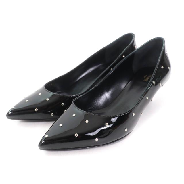 極美品★CELINE セリーヌ スタッズ付 ポインテッドトゥ パテントレザー パンプス ブラック シルバー金具 36.5 箱付き イタリア製